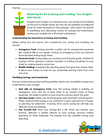 Budgeting and Budgets Worksheets | Reading Duck.com