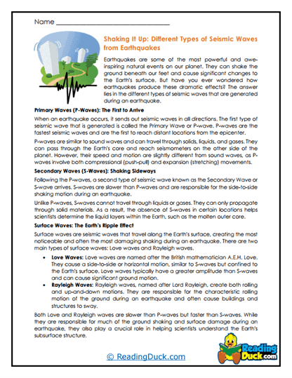 Earthquakes Worksheets | Reading Comp. | Reading Duck.com
