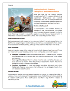 Earthquakes Worksheets | Reading Comp. | Reading Duck.com