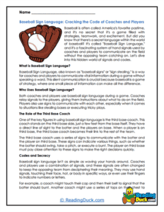 The Game of Baseball Worksheets | Reading Duck.com