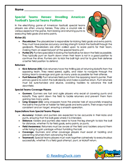 The Game of American Football Worksheets | Reading Duck.com