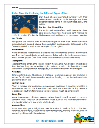 Stars Reading Worksheets | Cosmic Space | | Reading Duck.com