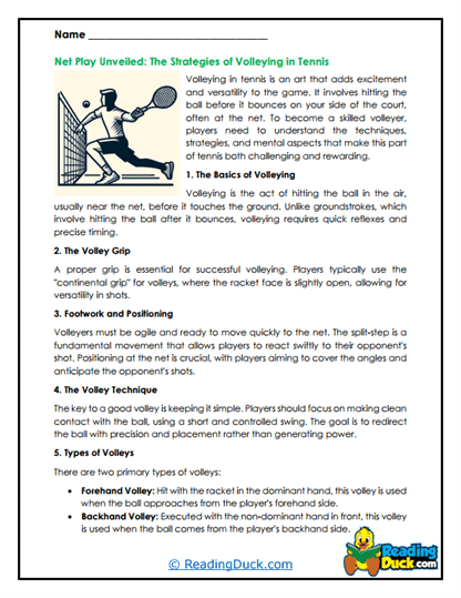 The Game of Tennis Worksheets | Reading Duck.com