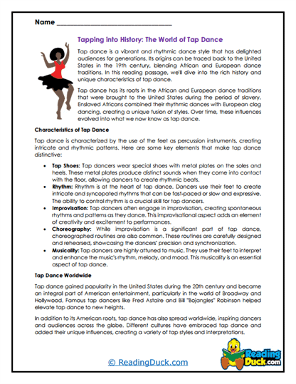 Dance Styles Worksheets | Reading Duck.com