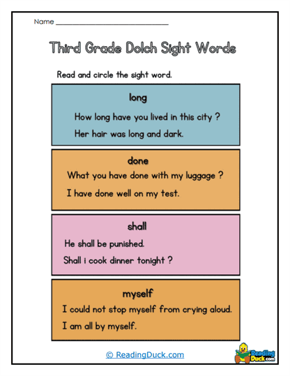 3rd Grade Dolch Sight Words Worksheets| Reading Duck.com