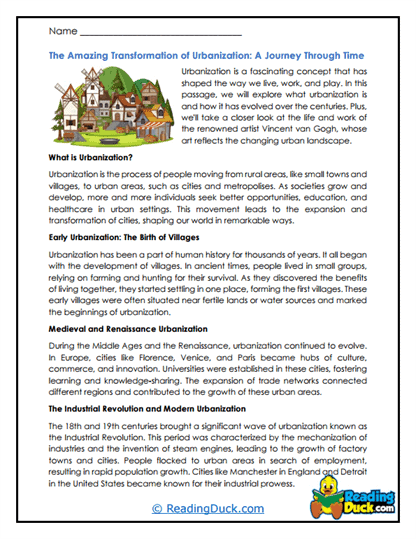 Urbanization Worksheets | Reading Comp. | Reading Duck.com