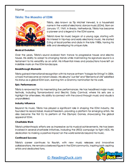 Electronic Dance Music Worksheets | EDM Artists | Reading Duck.com