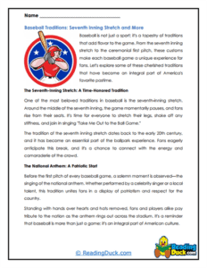 The Game of Baseball Worksheets | Reading Duck.com
