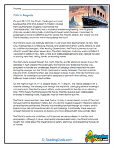 The Titanic Reading Worksheets | Reading Duck.com