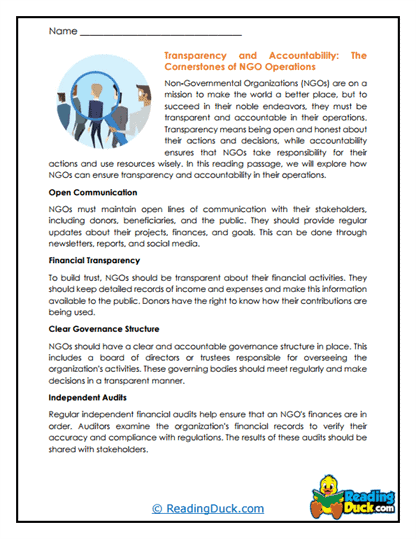Non-Governmental Organizations Worksheets | Reading Duck.com