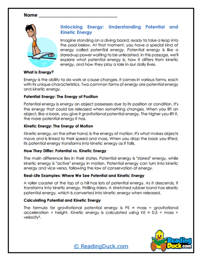 Kinetic and Potential Energy Worksheets | Reading Duck.com