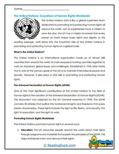 Human Rights Worksheets | Reading Comp. | Reading Duck.com