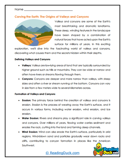 Landforms Worksheets | Earth Science | Reading Duck.com