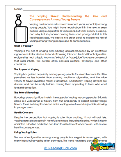 Tobacco Usage Worksheets | Reading Duck.com