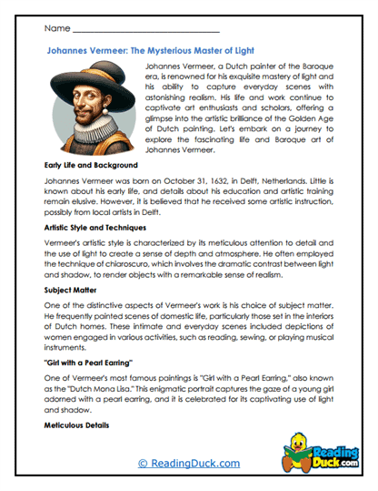 Baroque Artist Reading Worksheets | Reading Duck.com