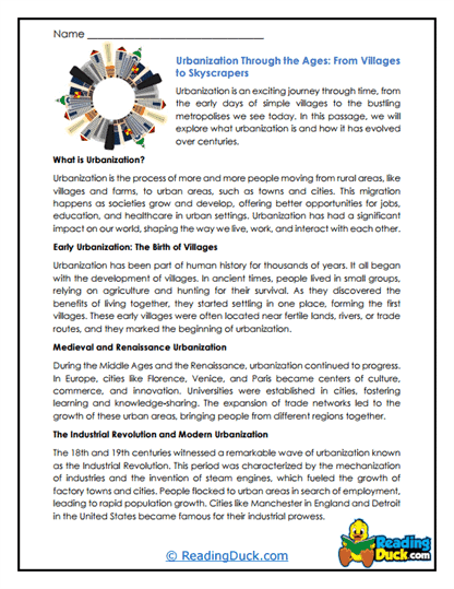 Urbanization Worksheets | Reading Comp. | Reading Duck.com