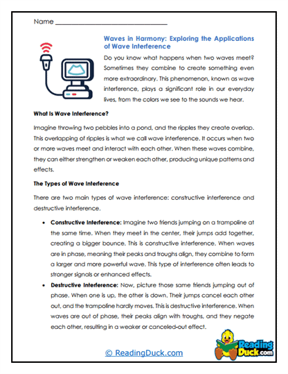 Waves Worksheets | Reading Comp. | Reading Duck.com