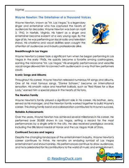 Singers and Singing Comprehension Worksheets | Reading Duck.com