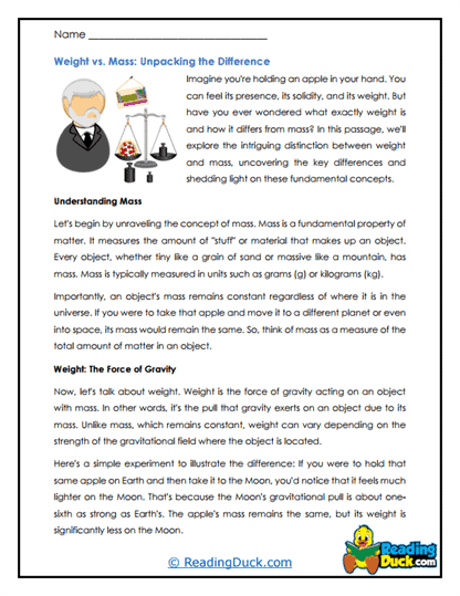 Gravity Worksheets | Reading Comp. | Reading Duck.com
