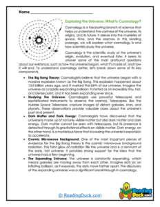 Cosmology Reading Comprehension Worksheets | Reading Duck.com
