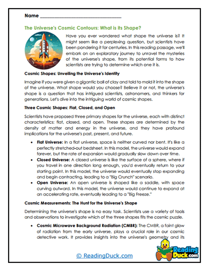 Cosmology Reading Comprehension Worksheets | Reading Duck.com