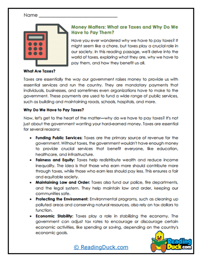 Different Types of Taxes Worksheets | Reading Duck.com