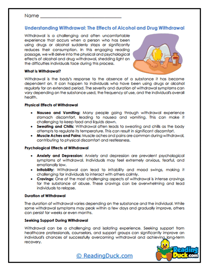 Substance Abuse Worksheets | Reading Duck.com