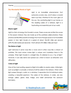 Science of Light Reading Worksheets | Reading Duck.com